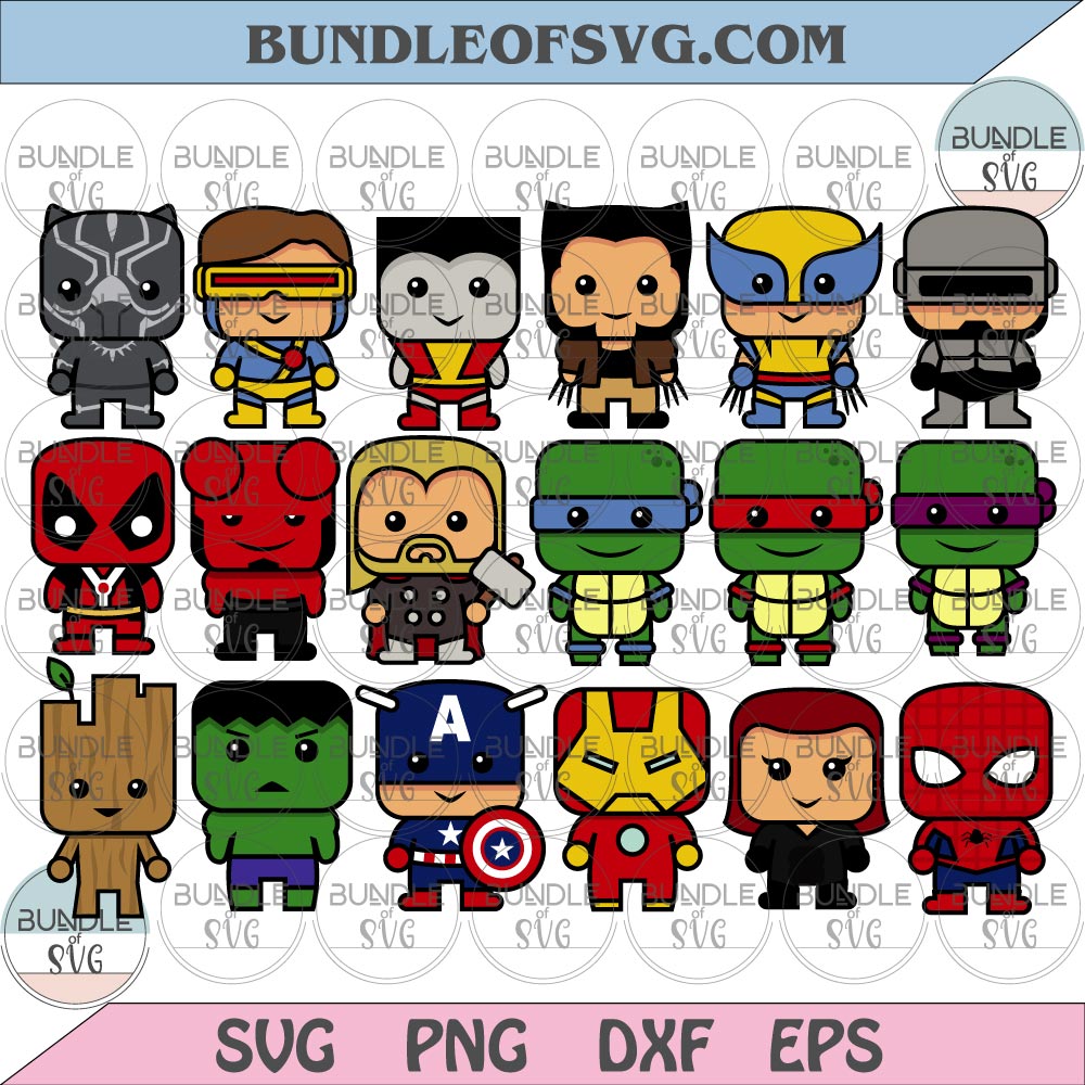 Bundle Cute Superheroes SVG Chibi Superhero Avengers svg png dxf