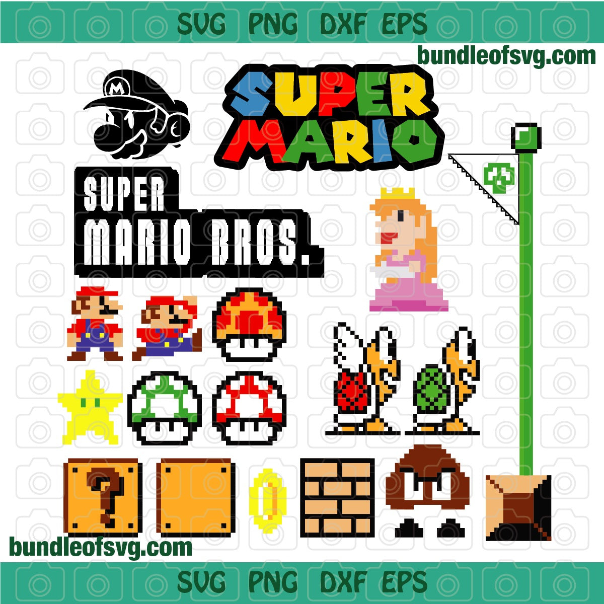 8 bit color Super Mario SVG Luigi Peach Princess Birthday